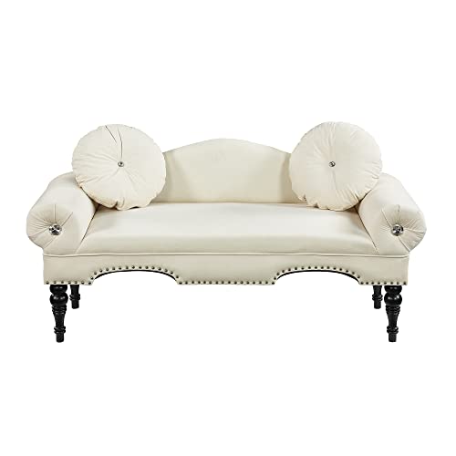 FIQHOME 54” Velvet Loveseat Sofa,Upholstered 2 Seater Couch Settee with 2 Round Pillows, Modern Love Seat with Nailhead Trim Roll Arm,Accent Bedside Entryway Window Bench for Living Room(White)