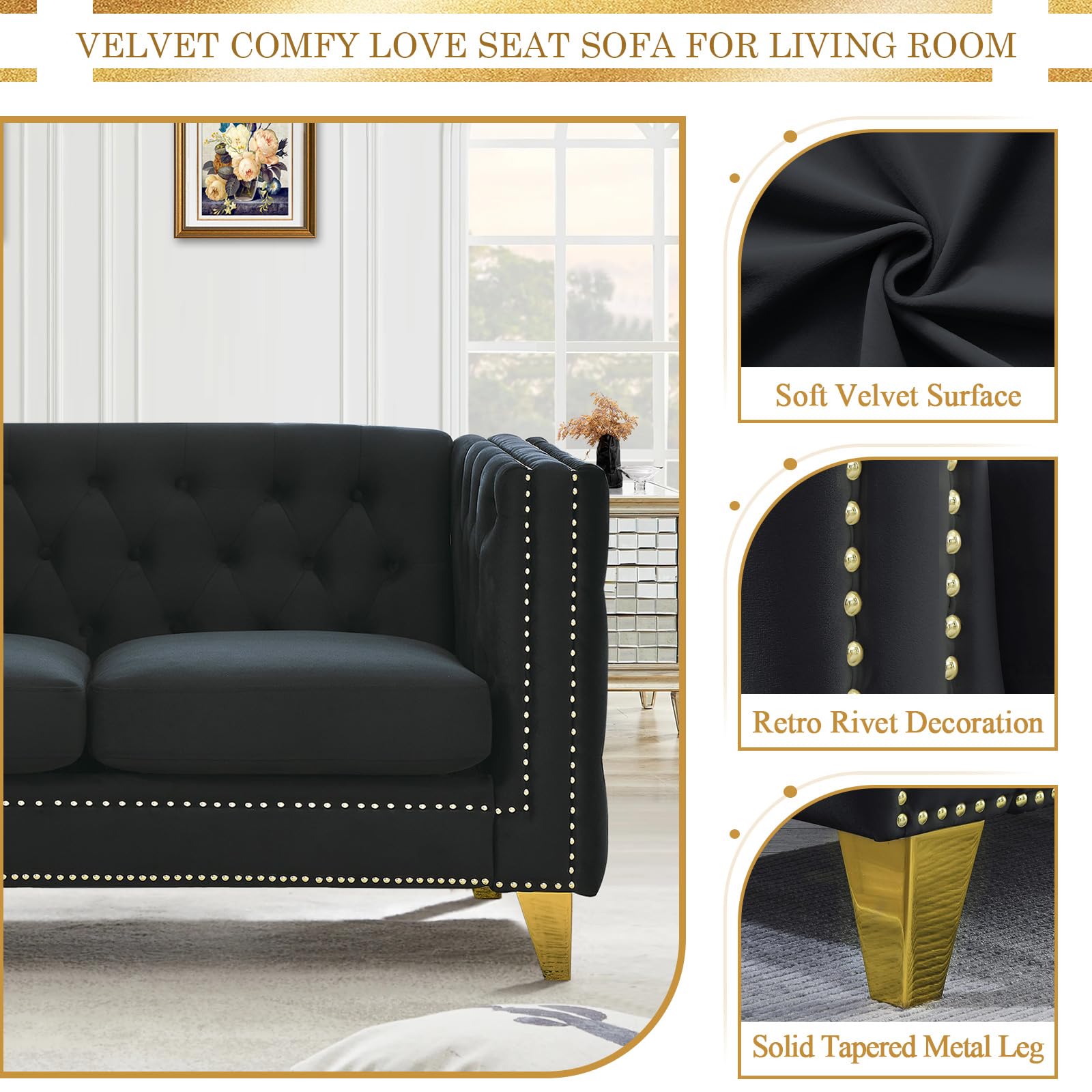 58-Inch Velvet Loveseat Sofa, Comfy Couch for Living Room, Modern Sofa with Tufted Back and Rivet Decoration, Upholstered Small Love Seat with Solid Golden Metal Tapered Legs, Black