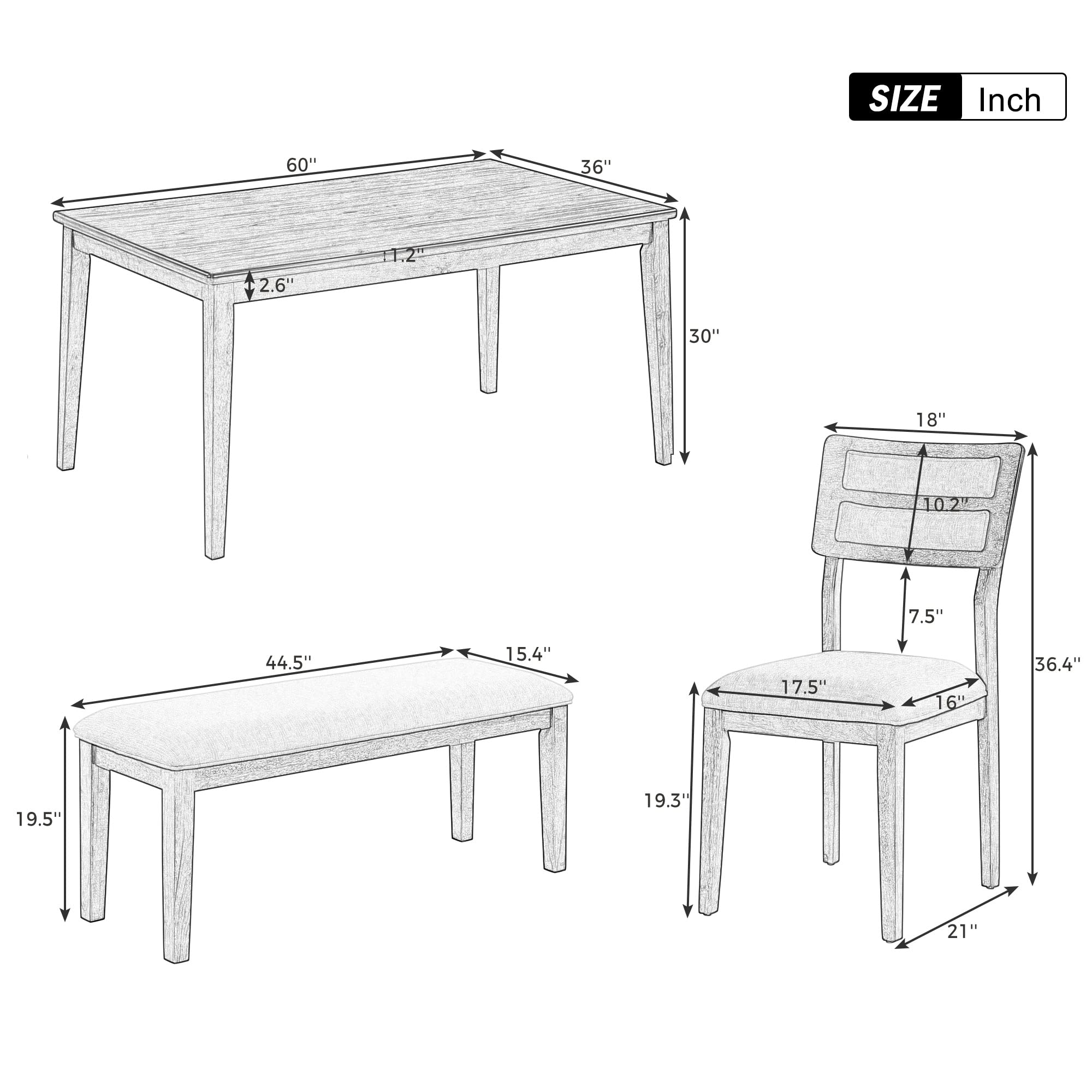 HZSSDTKJ 6-Piece Classic and Traditional Style Dining Set, Wooden Rectangular Table with 4 Upholstered Chairs & a Bench for 6 People for Dining Room Living Room Kitchen (White+Gray-01)