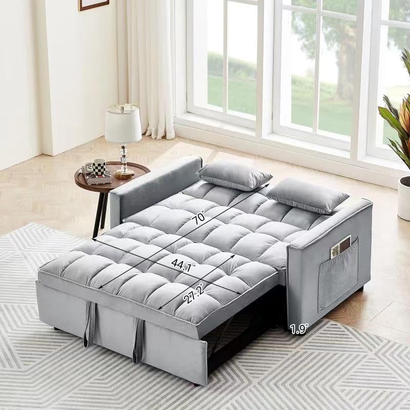 Verfur Velvet Convertible Sleeper Bed Pull, 3 in 1 Multi-Function Folding Lounge Chaise, Modern Tufted Loveseat Sofa & Couches with Adjustable Backrest and Pillow for Living Room Small Place, Gray