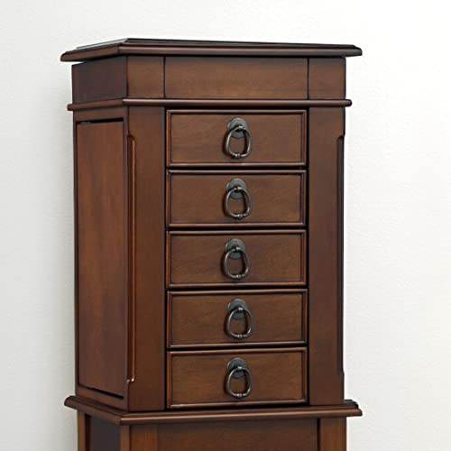 Hives and Honey Meg Jewelry Armoire - Modern Wood Storage Organizer with Necklace Hooks, 5 Drawers, and Vanity Mirror, Walnut