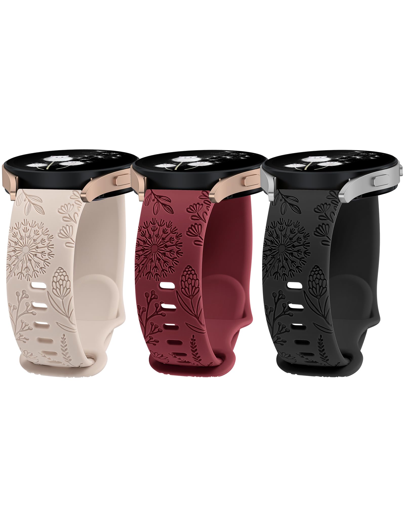 W-RARA 3 Pack Floral Engraved Band Compatible with Samsung Galaxy Watch 6/5/4/Active 2 40mm 44mm/Watch 5 Pro 45mm/Watch 6 Classic/Watch 3 41mm Women, 20mm Cute Soft Silicone Flower Pattern Sport Strap