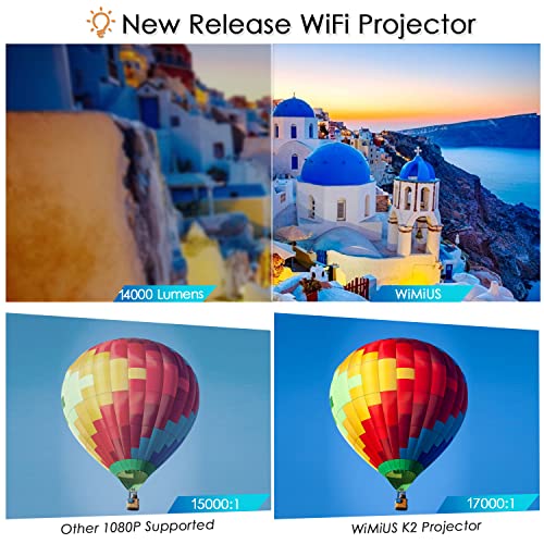 WiFi Projector Support 5.2 Bluetooth Transmitter, WiMiUS K2 Mini Projector 1080P and 4K Support, 300ββ Screen Zoom Compatible with Smartphone (Wirelessly) PC TV Stick Chromecast PS5
