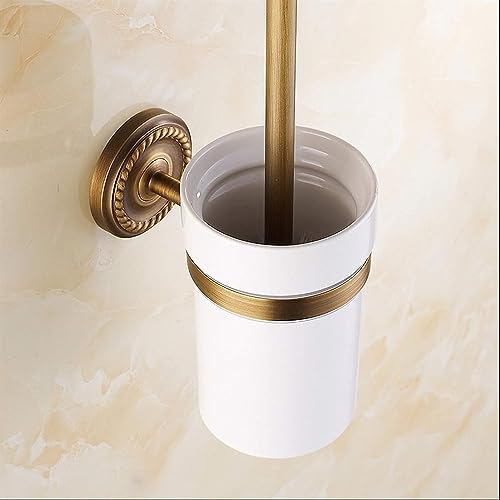 AAMNA Antique Brass Toilet Brush and Holder Wall-Mounted Ceramic Cleaning Brush w/Long Handle Deep Cleaner for Bathroom Storage and Organization