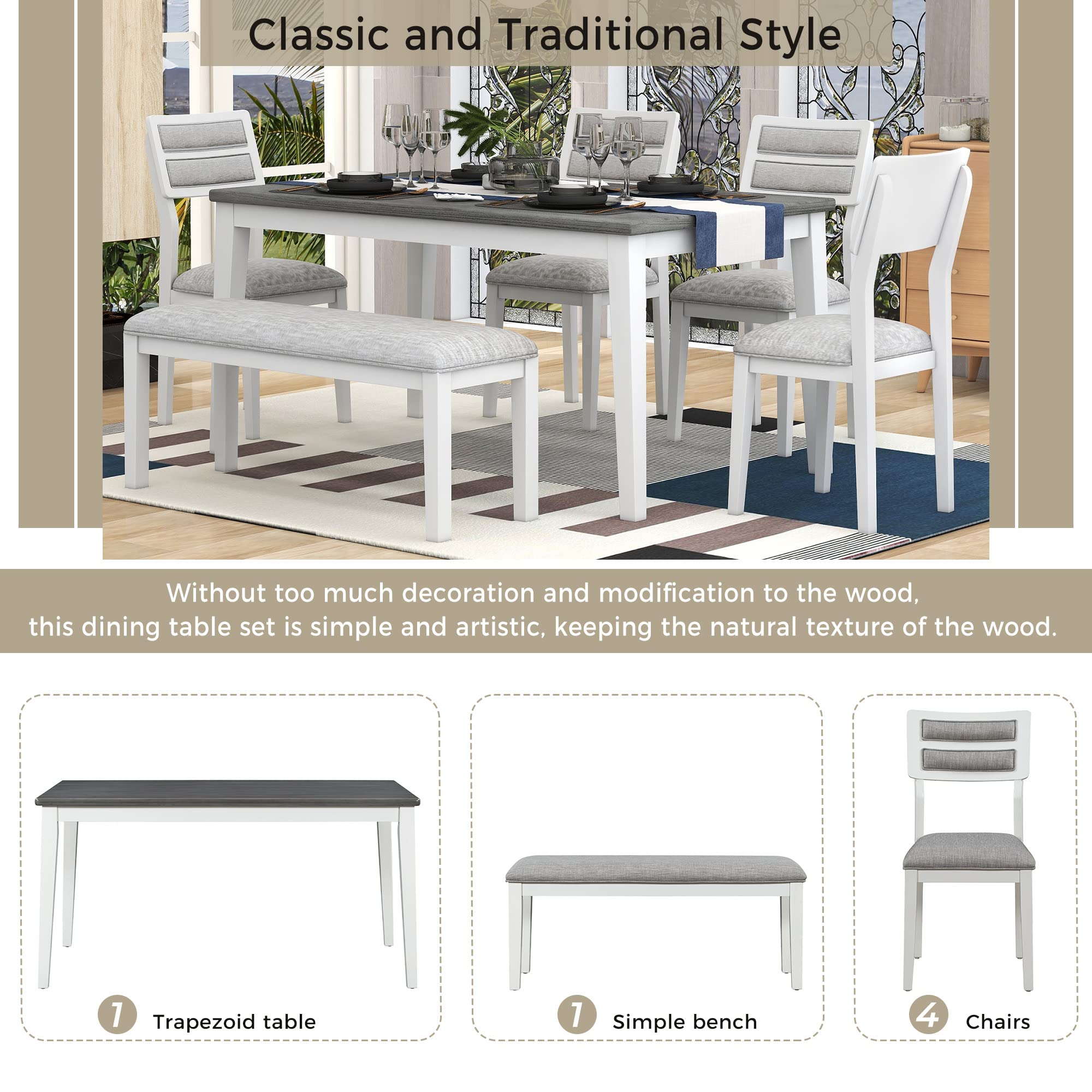 HZSSDTKJ 6-Piece Classic and Traditional Style Dining Set, Wooden Rectangular Table with 4 Upholstered Chairs & a Bench for 6 People for Dining Room Living Room Kitchen (White+Gray-01)