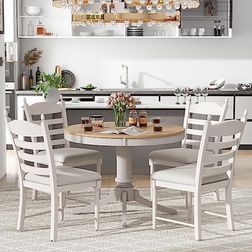 POCIYIHOME 5-Piece Retro Functional 42"-58" Wood Round Extendable 4 Upholstered Chairs, Set of 5, Family Dining Table Set for Restaurant, Kitchen (Off White)