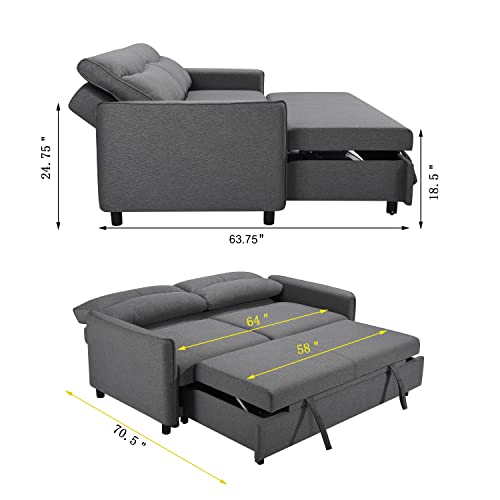 3-In-1 Loveseat Futon Sofa Convertible Queen Size Bed,74.41" Modern Fabric Upholstered Couch w/Pull Out Sofabed, 2 Seater Love Seat Lounge Chaise w/Reclining Backrest, Furniture for Living Room