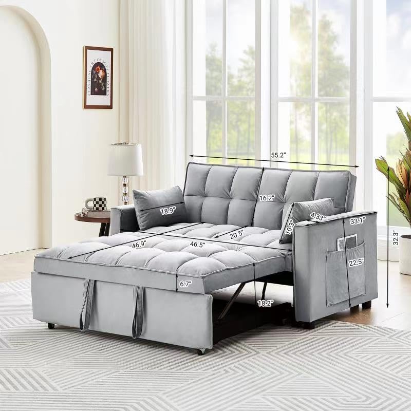 Verfur Velvet Convertible Sleeper Bed Pull, 3 in 1 Multi-Function Folding Lounge Chaise, Modern Tufted Loveseat Sofa & Couches with Adjustable Backrest and Pillow for Living Room Small Place, Gray