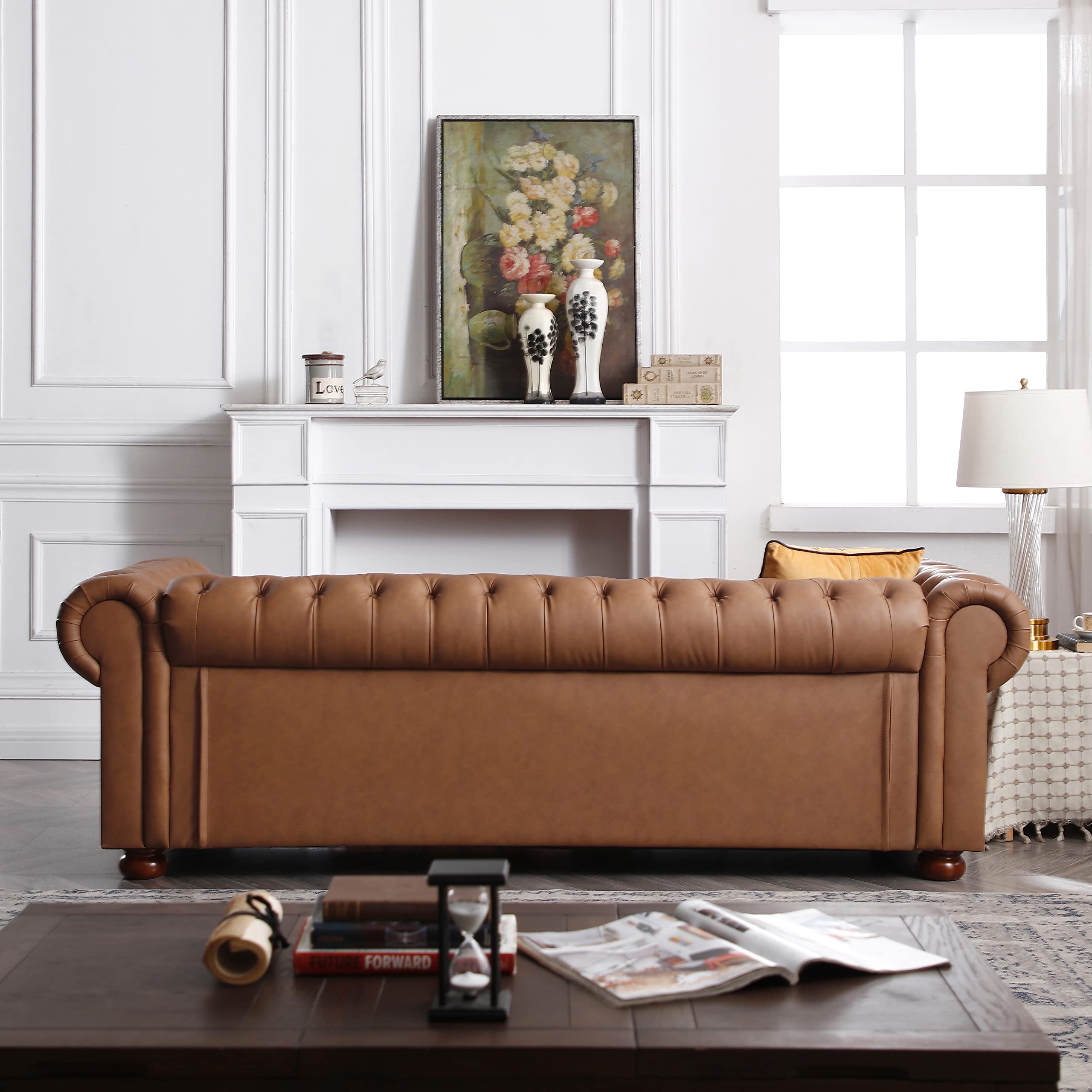 FIQHOME Classic Chesterfield, Modern 3 Seater Sofa, Living Room, Upholstered Tufted Back Settee Couch with Rolled Arms Nailhead Trim,Brown Faux Leather