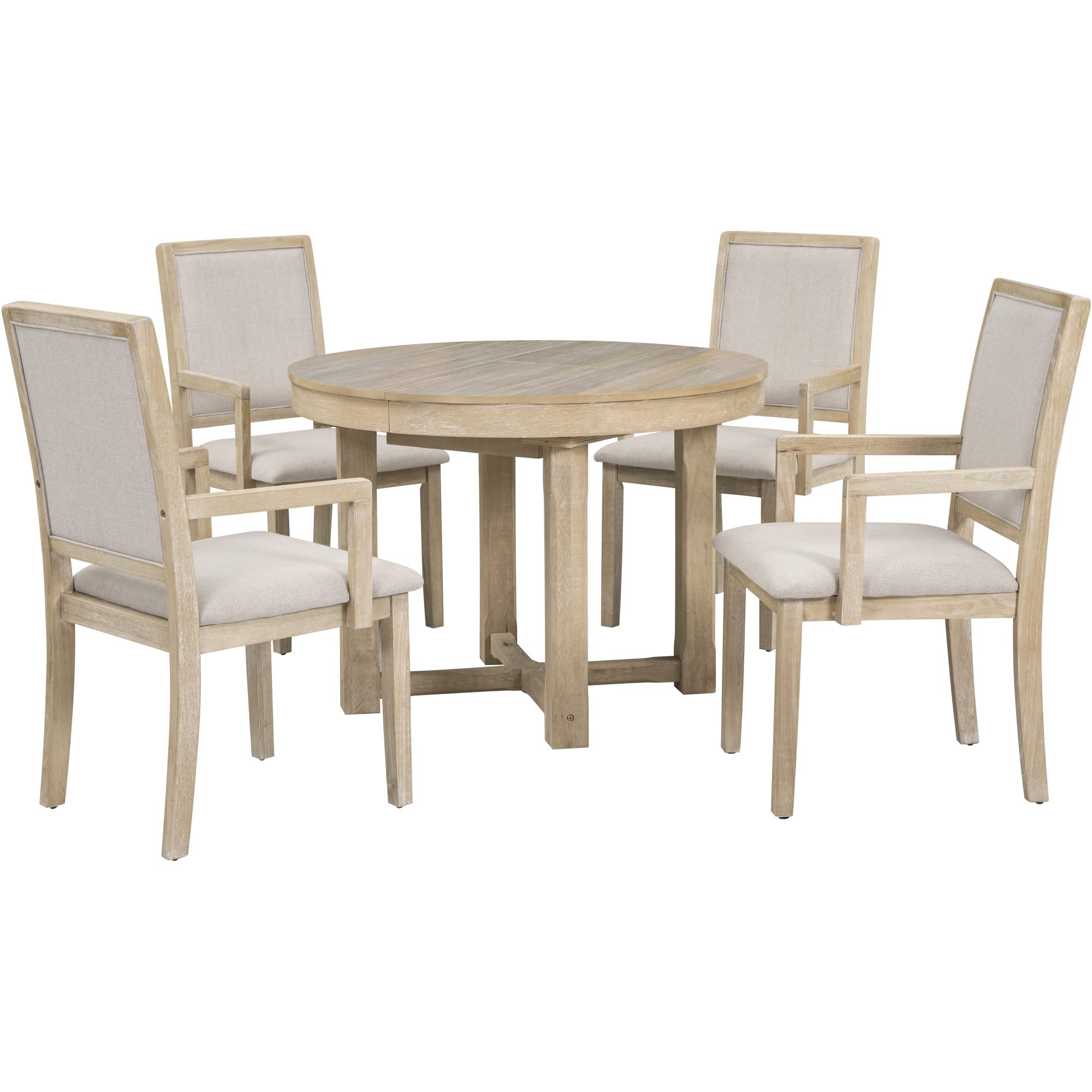 BIADNBZ 5-Piece Dining Table Set with Two-Size Extendable Butterfly Leaf Tabletop(Round to Oval) and Four Upholstered Chairs with Armrests, for Kitchen, Natural Wood Wash