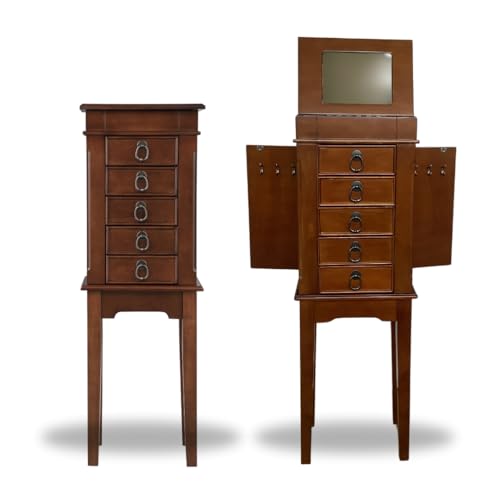 Hives and Honey Meg Jewelry Armoire - Modern Wood Storage Organizer with Necklace Hooks, 5 Drawers, and Vanity Mirror, Walnut
