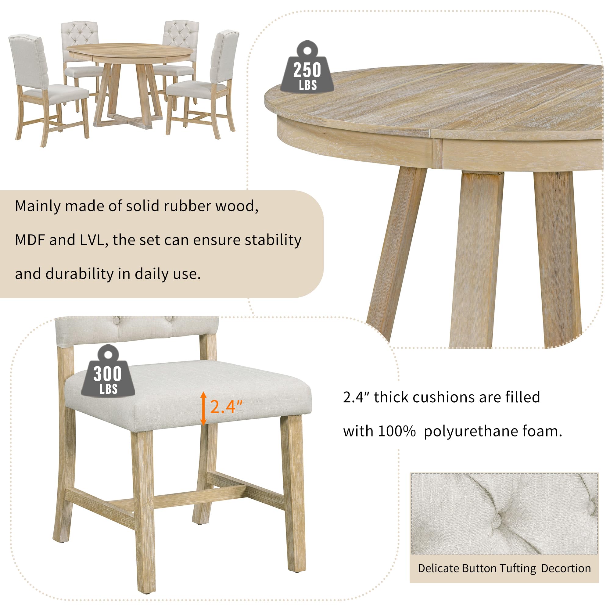 Bellemave Extendable Dining Table Set for 4, 5-Piece Round Table Set with 4 Chairs, Circle Table with Upholstered Chairs, Oval Kitchen Table Set with Extendable Table for Dining Room and Kitchen