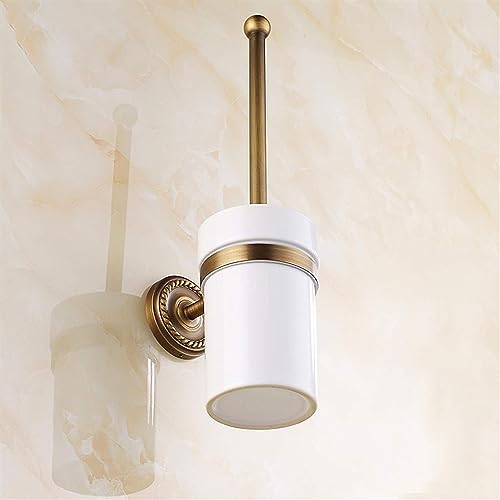 AAMNA Antique Brass Toilet Brush and Holder Wall-Mounted Ceramic Cleaning Brush w/Long Handle Deep Cleaner for Bathroom Storage and Organization