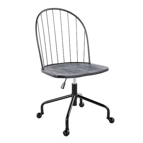 LumiSource Riley Adjustable High Back Office Chair, Farmhouse Style, Black Wooden Desk Chair with Wheels, Arm Rest, Recliner, 18 lbs, 27.5"L × 27.5"W × 38.5"H
