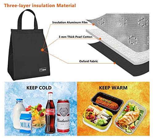 CCidea Lunch Bag for Women Men Kids, Simple Insulated Lunch Box, Reusable Lunch Boxes for School Work Travel (Black with Velcro)