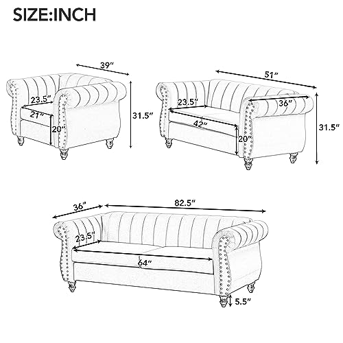 3-Piece Sofa Sets Living Room Sets with Solid Wood legs, Buttoned Tufted Backrest, Frosted Velvet Upholstered Couches Sets Including 3-Seat Sofa, Loveseat and Chair for Living Room (Blue)
