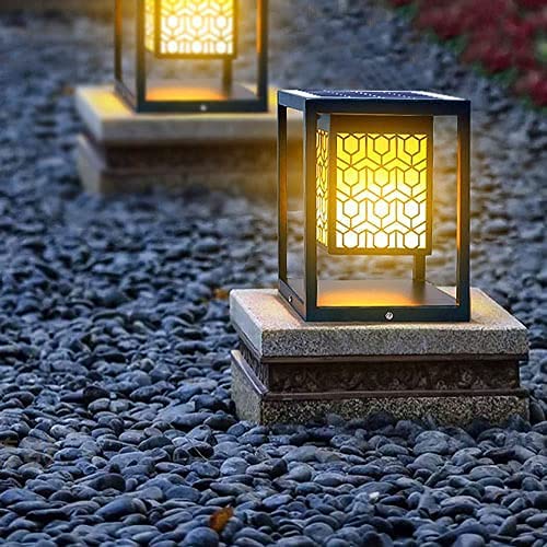 Mrdsre Chinese Style Solar Column Lights Black Finish Square Solar Column Light Post Lantern Stainless Steel Waterproof Outdoor Light Rainproof Waterproof Pillar Lamp Courtyard Lamp Garden Villa Lands