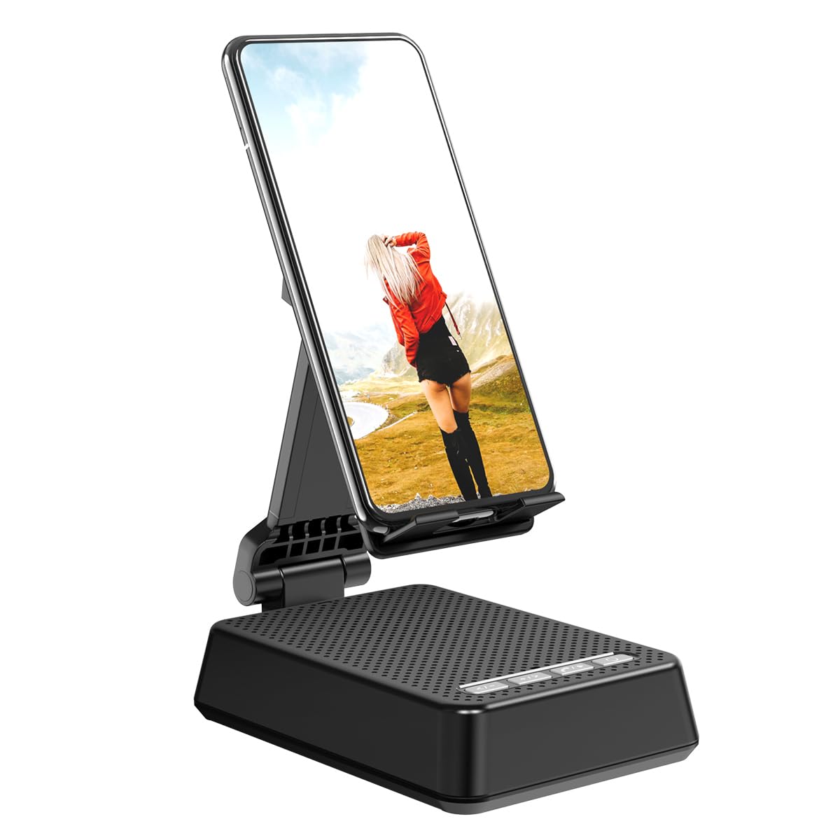 VIGROS Cell Phone Stand with Wireless Bluetooth 5.2 Speaker for Desk Anti-Slip Base HD Stereo Sound for Home and Outdoors with Speaker Compatible with iPhone Cell Phone Tablets