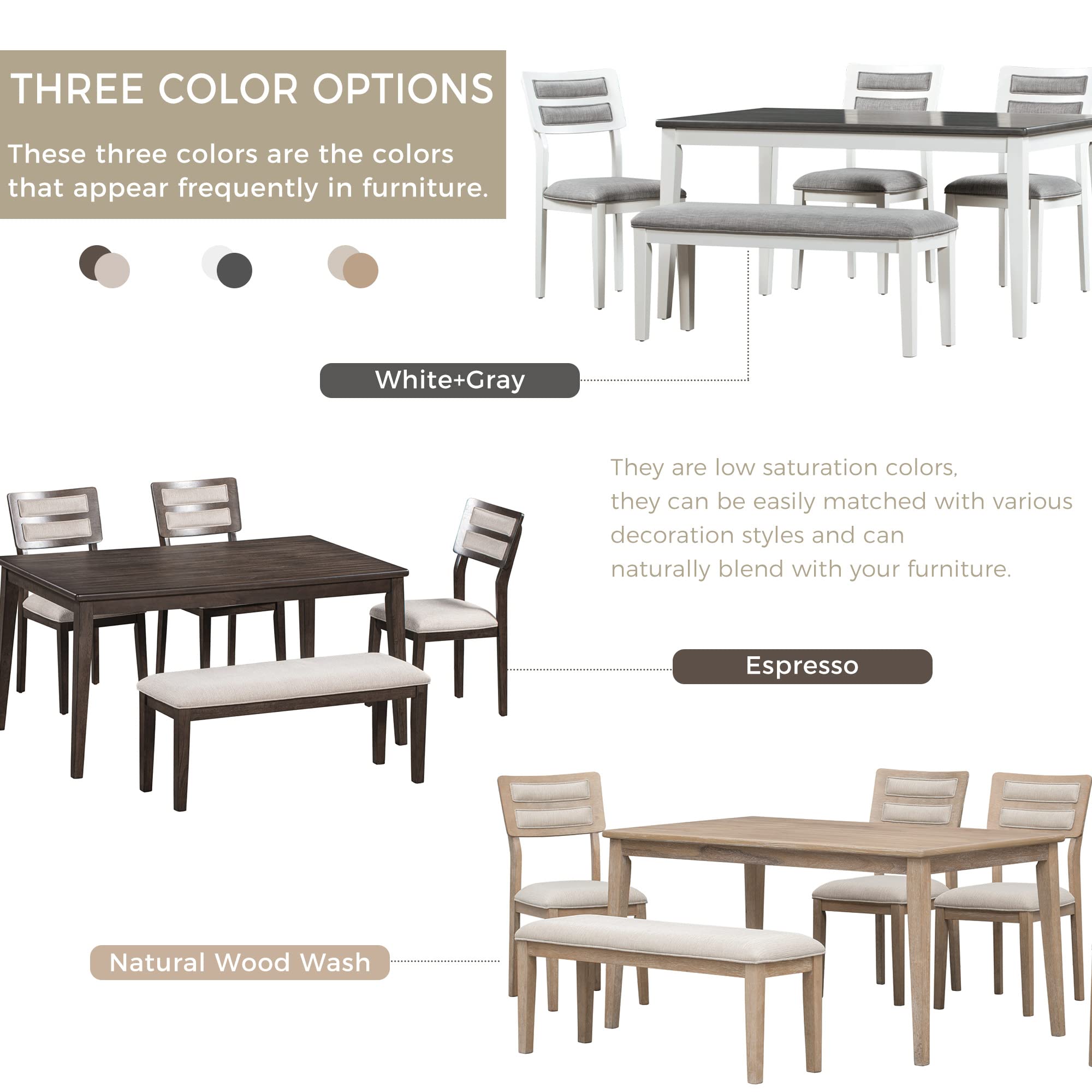 HZSSDTKJ 6-Piece Classic and Traditional Style Dining Set, Wooden Rectangular Table with 4 Upholstered Chairs & a Bench for 6 People for Dining Room Living Room Kitchen (White+Gray-01)
