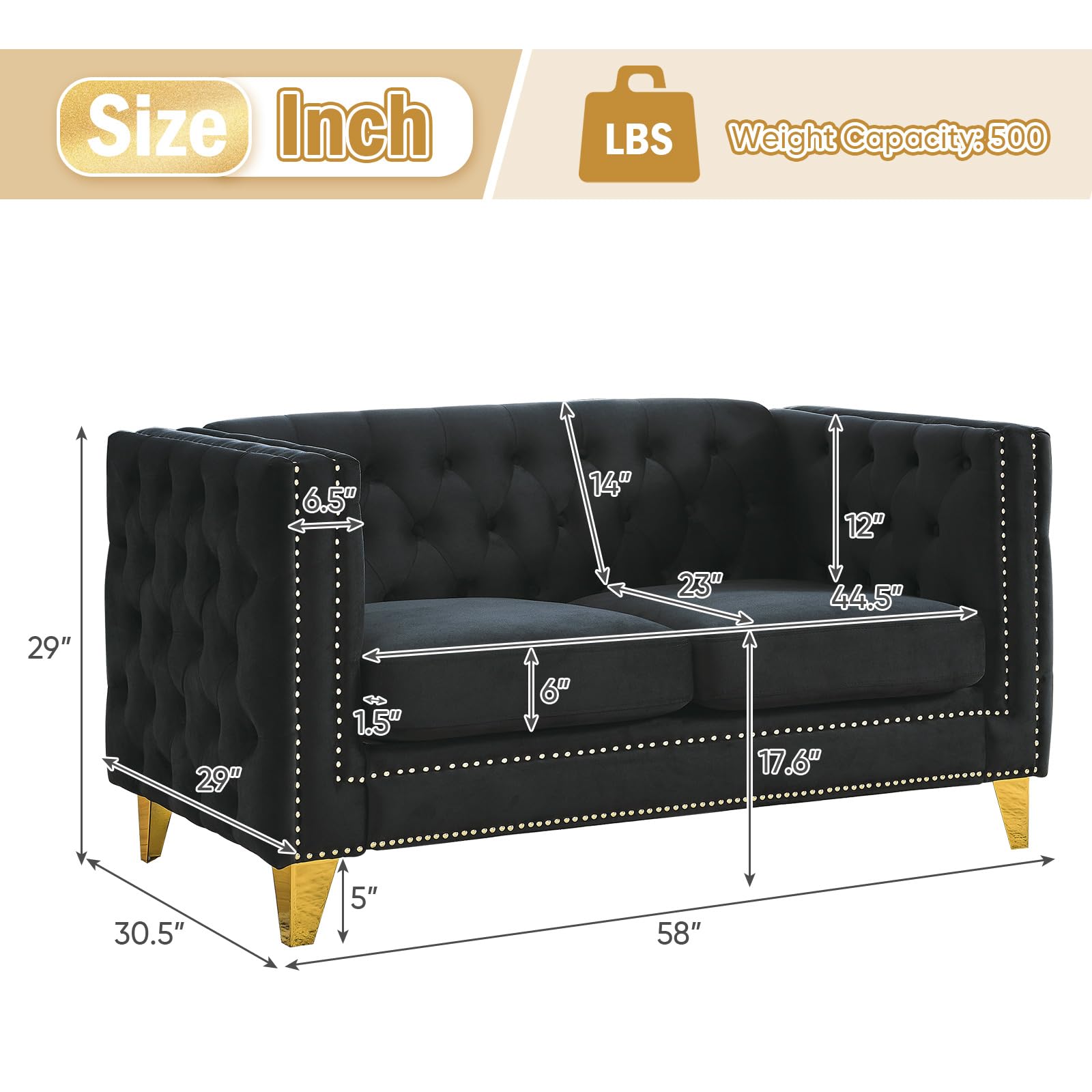 58-Inch Velvet Loveseat Sofa, Comfy Couch for Living Room, Modern Sofa with Tufted Back and Rivet Decoration, Upholstered Small Love Seat with Solid Golden Metal Tapered Legs, Black
