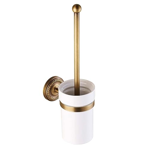 AAMNA Antique Brass Toilet Brush and Holder Wall-Mounted Ceramic Cleaning Brush w/Long Handle Deep Cleaner for Bathroom Storage and Organization