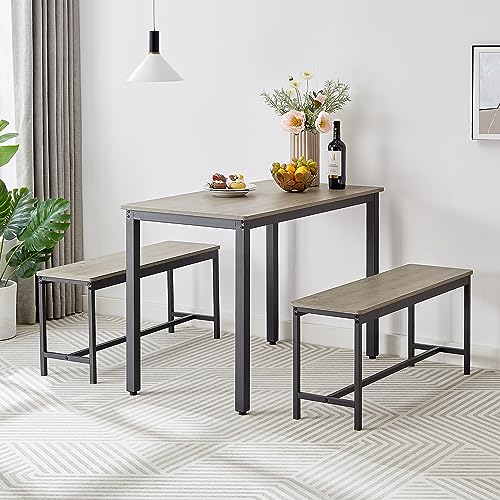 CANJUXK Dining Table Set, Bar Table with 2 Dining Benches, Kitchen Table Counter with Chairs, Industrial for Kitchen Breakfast Table, Living Room, Party Room, Grey.43.3″L x 23.6″W x 29.9″H