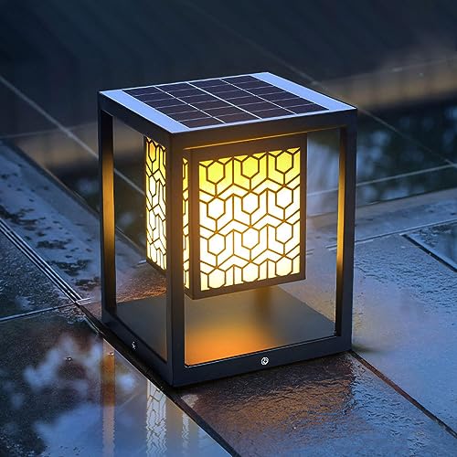 Mrdsre Chinese Style Solar Column Lights Black Finish Square Solar Column Light Post Lantern Stainless Steel Waterproof Outdoor Light Rainproof Waterproof Pillar Lamp Courtyard Lamp Garden Villa Lands