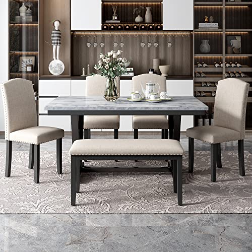 FIQHOME 6-Piece 4 Chairs & 1 Bench, Modern Style Wood Dining Marbled Veneers Tabletop and V-Shaped Table Legs, Kitchen Furniture Set for Family,White