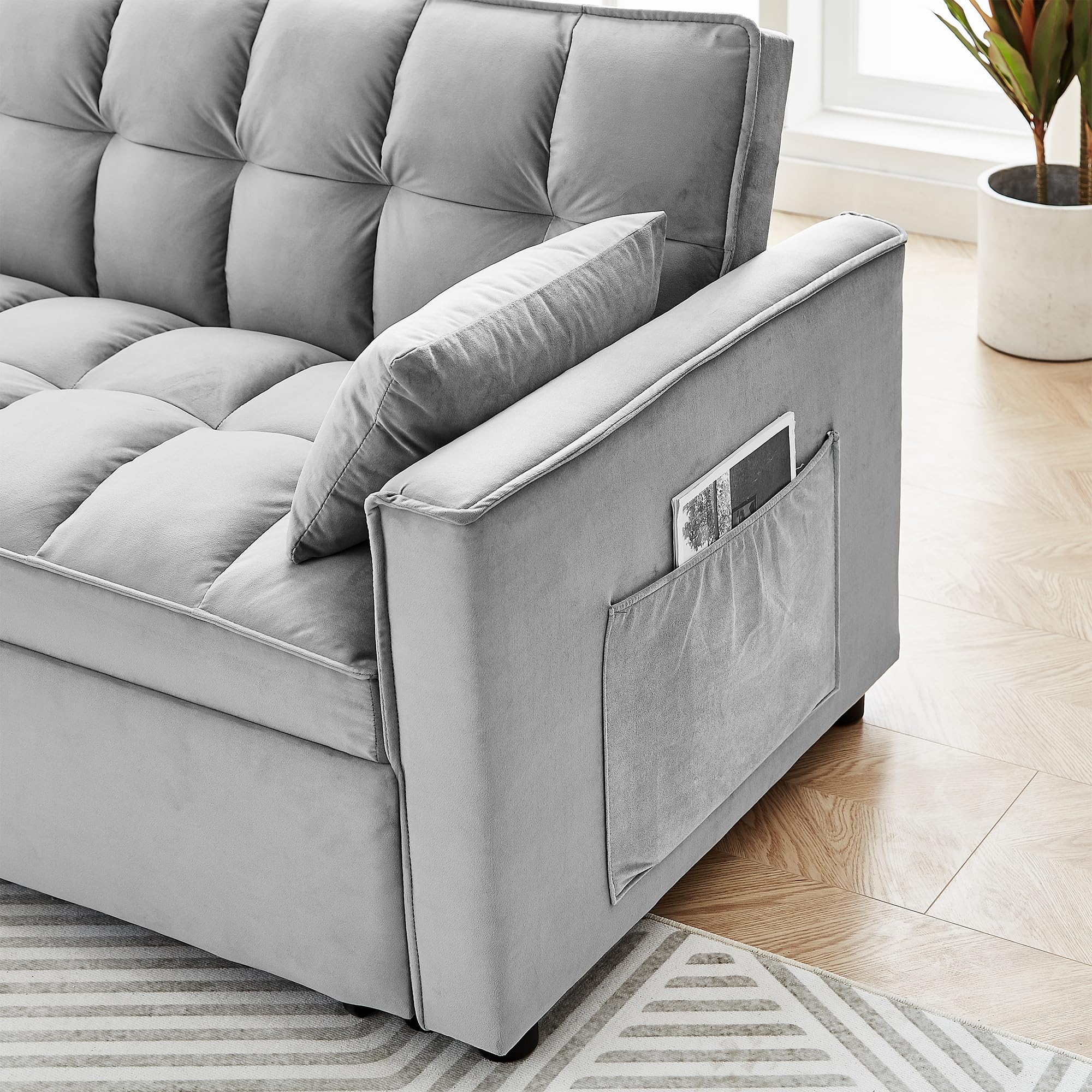 Verfur Velvet Convertible Sleeper Bed Pull, 3 in 1 Multi-Function Folding Lounge Chaise, Modern Tufted Loveseat Sofa & Couches with Adjustable Backrest and Pillow for Living Room Small Place, Gray