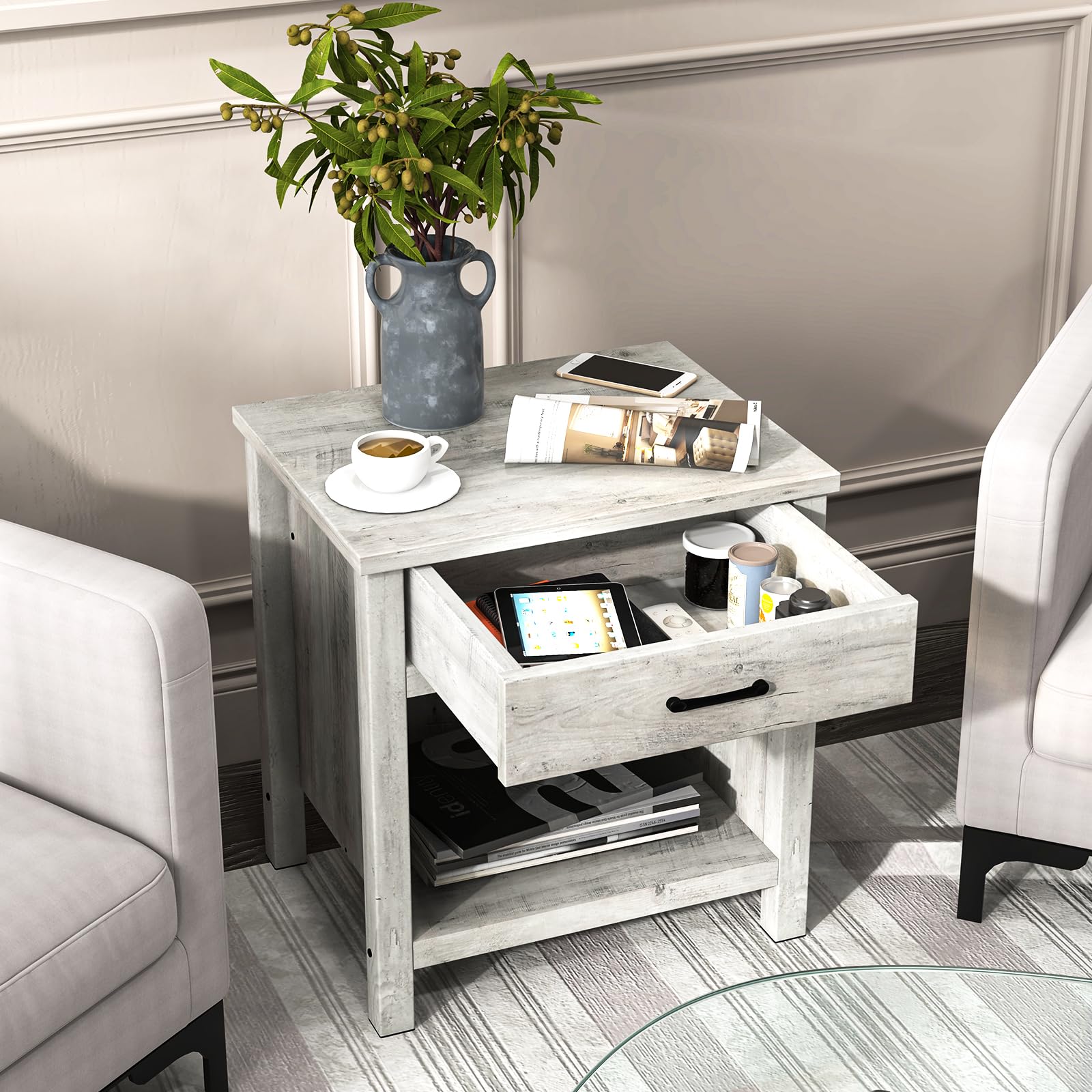 Gyabnw Nightstand Beside End Table for Bedroom, Modern Wood Side Table with Drawer and Storage Shelf, Night Stands for Living Room, Grey