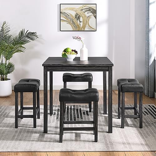 Bar Table and Chairs Set for 4,5 Piece Dining Table Set with PU Stool, Industrial Breakfast Table Set, for Living Room, Dining Room, Game Room,Small Space(Black)