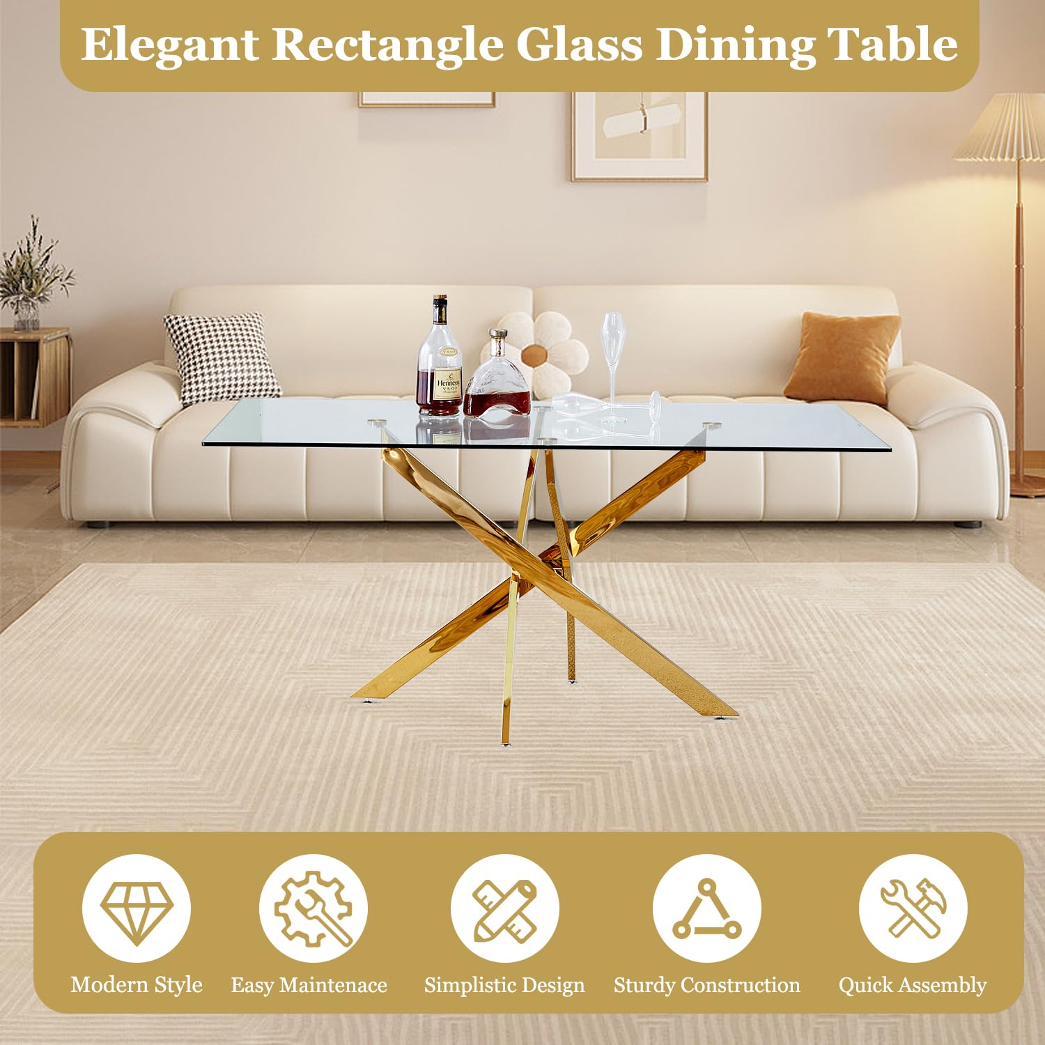 HAIZAO 63" Glass Dining Table for 4-6, Contemporary Rectangular Dining Room Table with Tempered Glass Top & Gold Finish Stainless Steel Legs, Modern Large Kitchen Table for Home Office