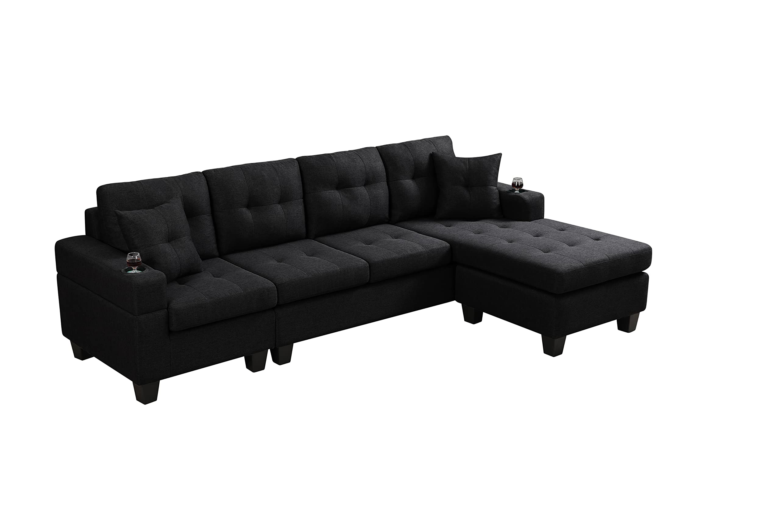 GINGVAT L Shaped Upholstered Sectional Sofa with Reversible Chaise and 2 Cupholders,Fabric Couch,Fashion Design,Black