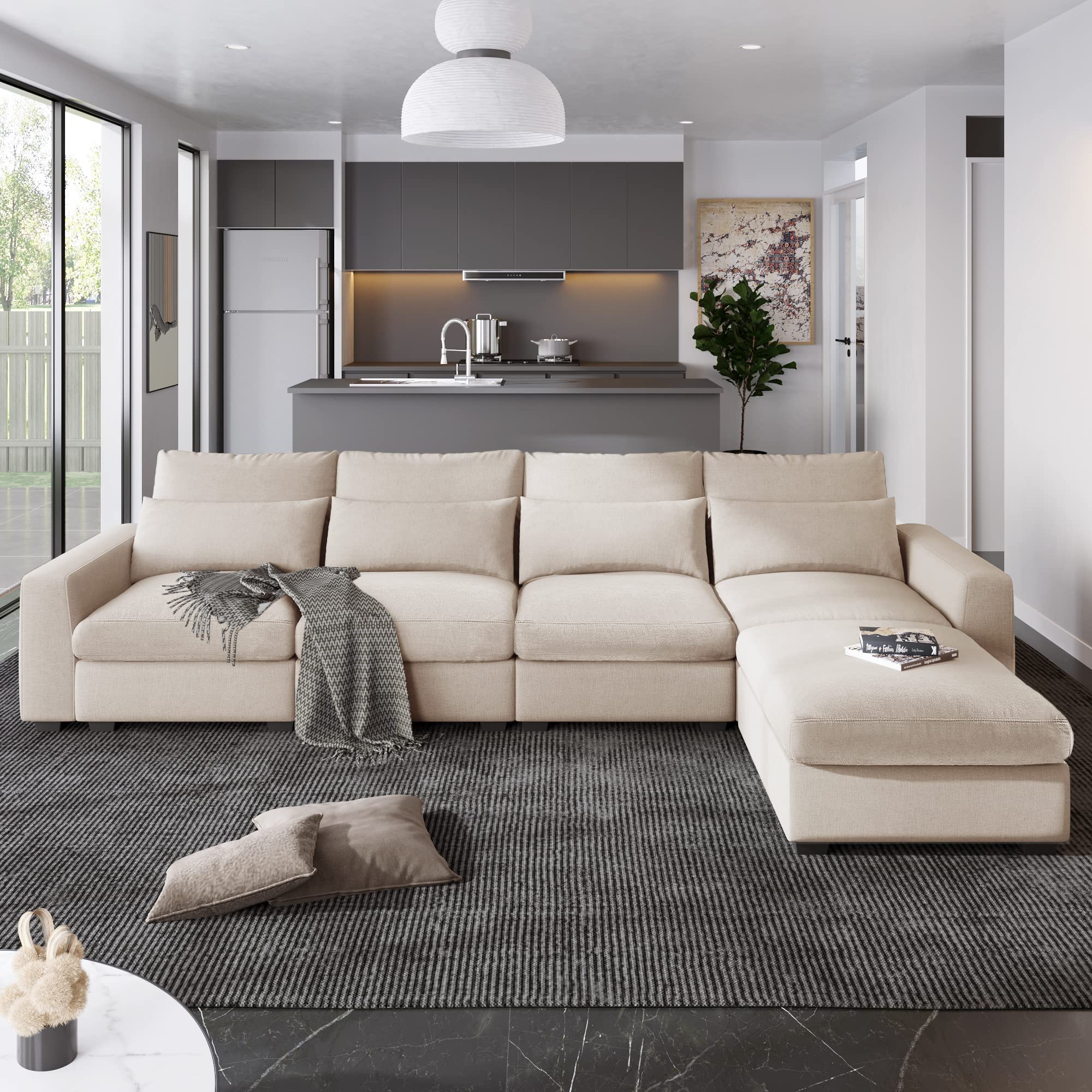 Verfur L-Shaped Feather Filled Sectional Sofa with Movable Ottoman, Modern Convertible Corner Couch with Reversible Chaise and 4 Pillows, 5-Seat Comfy Sofa & Couches for Living Room Furniture Sets