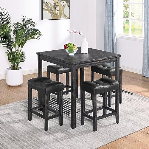 Bar Table and Chairs Set for 4,5 Piece Dining Table Set with PU Stool, Industrial Breakfast Table Set, for Living Room, Dining Room, Game Room,Small Space(Black)