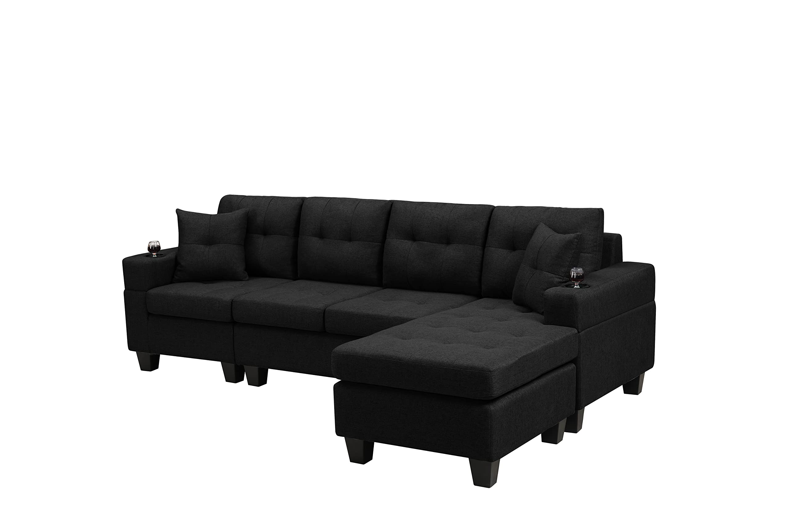 GINGVAT L Shaped Upholstered Sectional Sofa with Reversible Chaise and 2 Cupholders,Fabric Couch,Fashion Design,Black