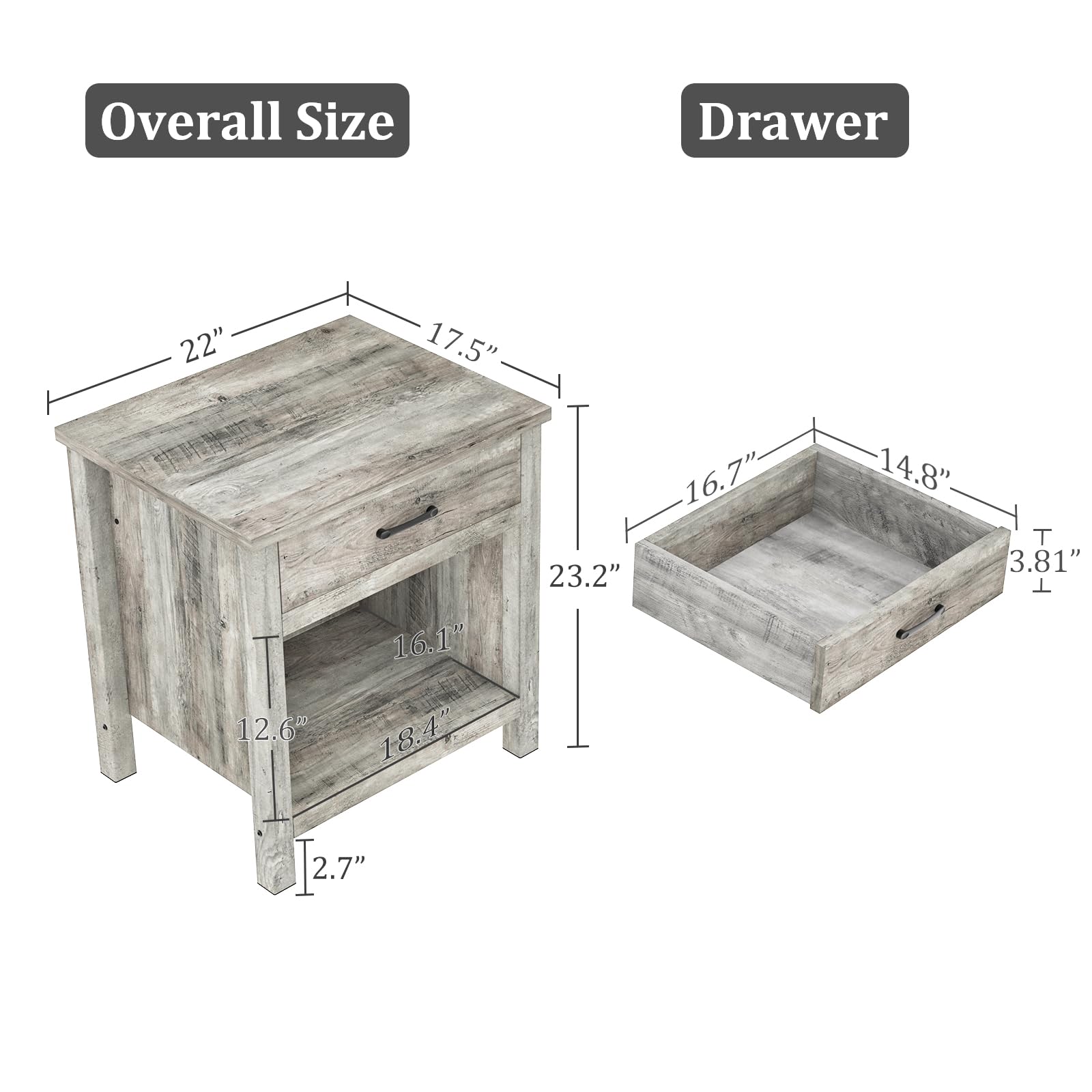 Gyabnw Nightstand Beside End Table for Bedroom, Modern Wood Side Table with Drawer and Storage Shelf, Night Stands for Living Room, Grey
