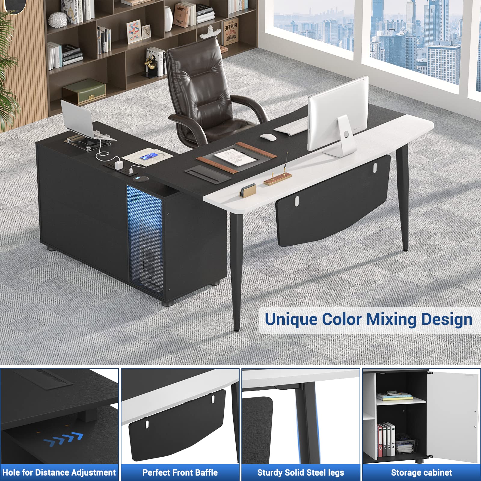 iSunirm L Shaped Desk with File Cabinet& Power Outlet, 55 Inch Large Corner Computer Desks with LED Light Strip, L-Shaped Computer Desk with Cabinet Door and Storage Shelves, Leather Black & White