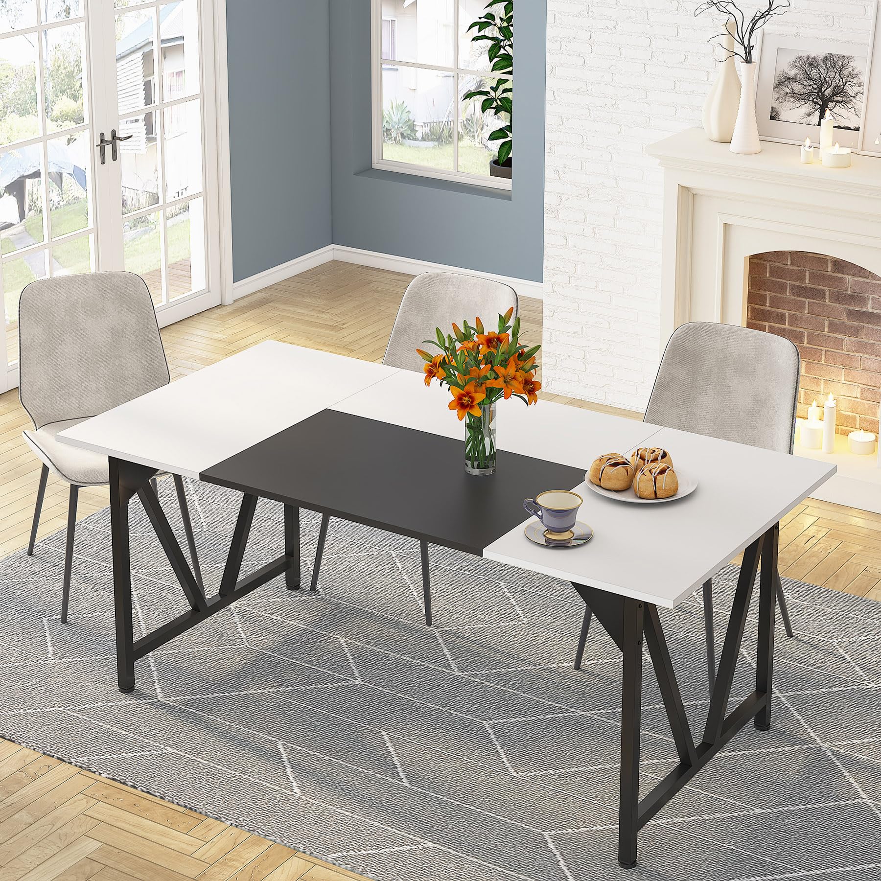 Tribesigns 71'' Large Dining Table for 6-8 Peoples, Modern Wood Kitchen Tables with Splicing Board, Rectangle Dinner Dining Room Table with Heavy-Duty M-Shapped Metal Frame