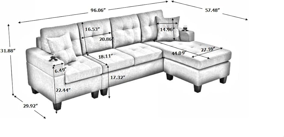 GINGVAT L Shaped Upholstered Sectional Sofa with Reversible Chaise and 2 Cupholders,Fabric Couch,Fashion Design,Black