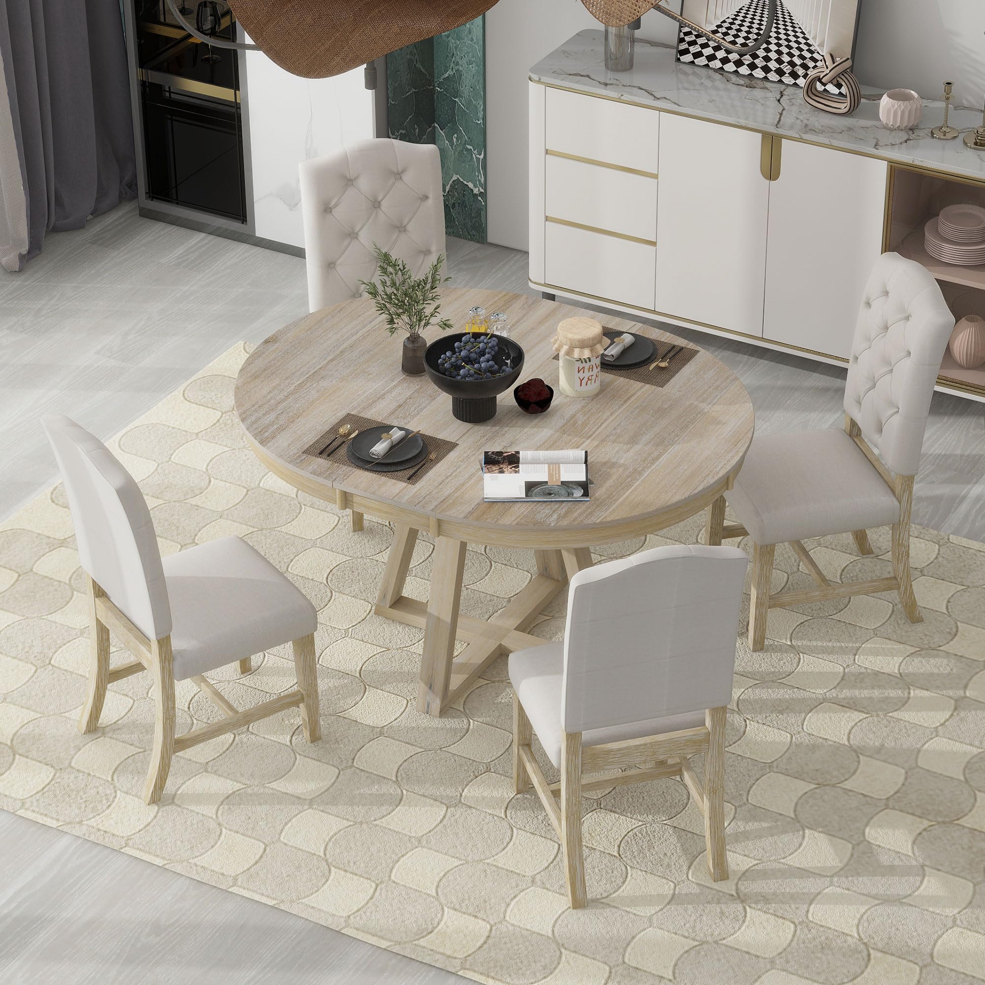 Bellemave Extendable Dining Table Set for 4, 5-Piece Round Table Set with 4 Chairs, Circle Table with Upholstered Chairs, Oval Kitchen Table Set with Extendable Table for Dining Room and Kitchen