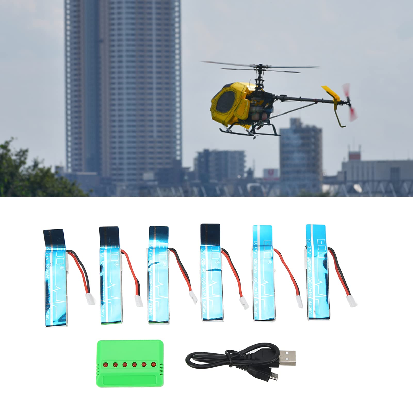 NestNiche 3.7V 520mAh Li-ion Battery, 6 PCS Lightweight High Discharge Rate RC Batteries with Charger Cable for RC Airplane Helicopter Models, Blue