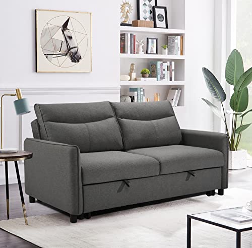 3-In-1 Loveseat Futon Sofa Convertible Queen Size Bed,74.41" Modern Fabric Upholstered Couch w/Pull Out Sofabed, 2 Seater Love Seat Lounge Chaise w/Reclining Backrest, Furniture for Living Room