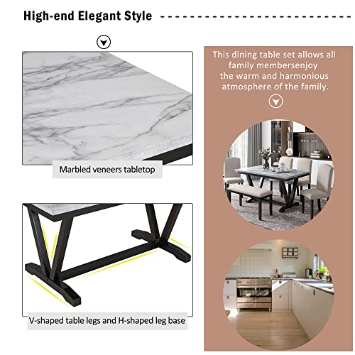FIQHOME 6-Piece 4 Chairs & 1 Bench, Modern Style Wood Dining Marbled Veneers Tabletop and V-Shaped Table Legs, Kitchen Furniture Set for Family,White