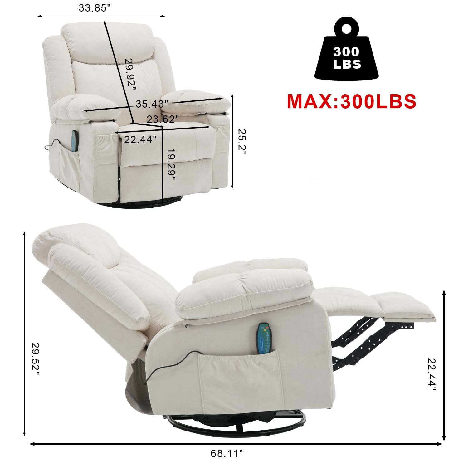 REFFICER Massage Recliner Chairs with Heat, Leather Reclining Chair with Cup Holders, Manual Oversized Rocker Recliner Single Sofa Couch, Overstuffed Theater Seating Recliner for Home Living