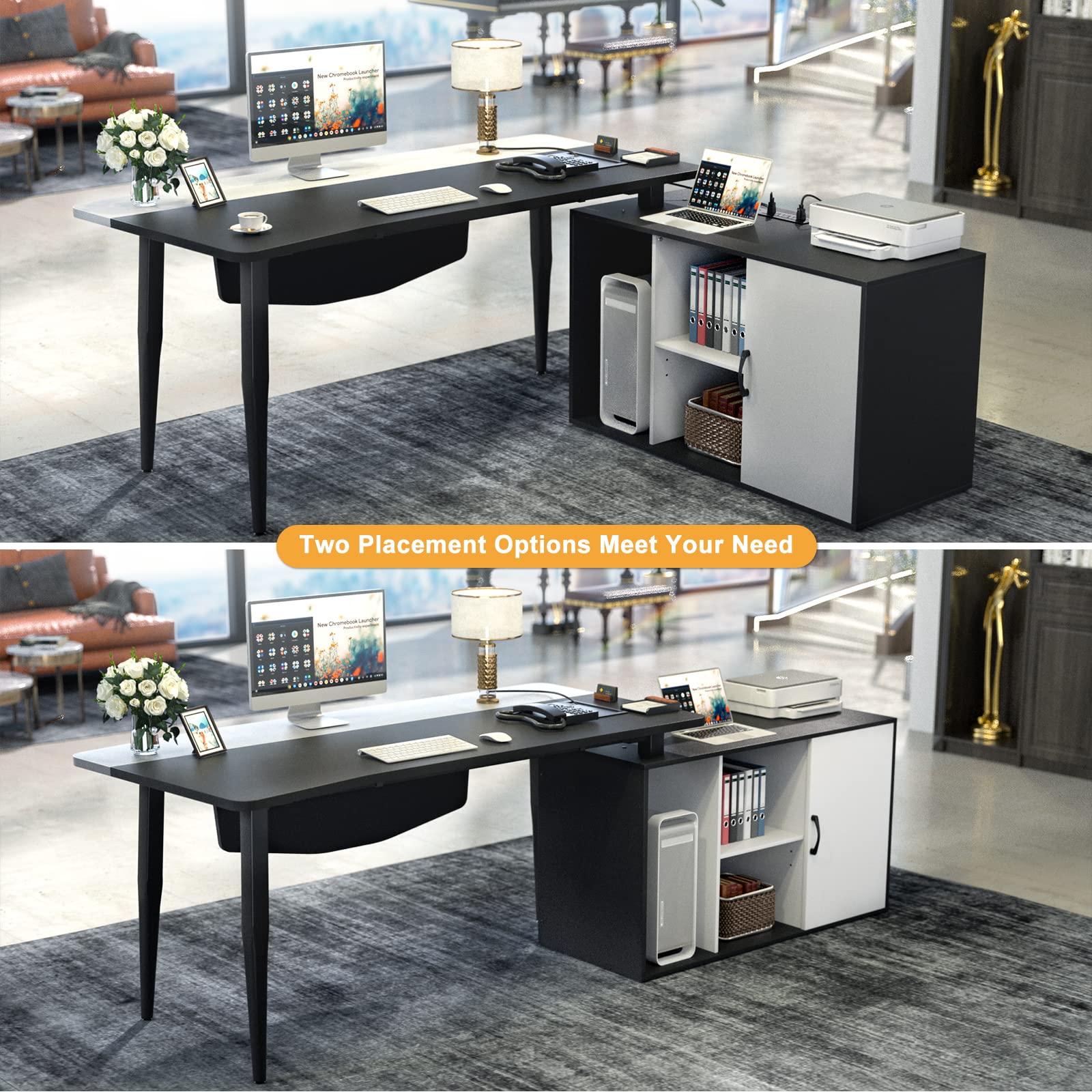 iSunirm L Shaped Desk with File Cabinet& Power Outlet, 55 Inch Large Corner Computer Desks with LED Light Strip, L-Shaped Computer Desk with Cabinet Door and Storage Shelves, Leather Black & White