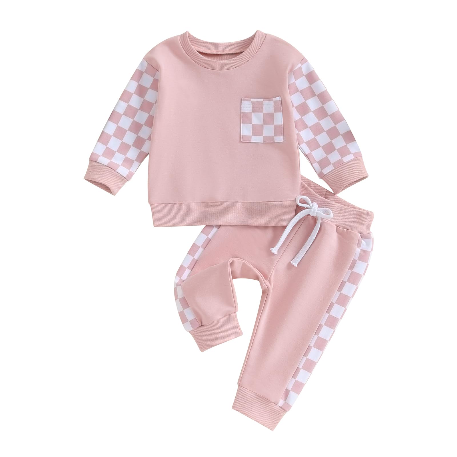 BeQeuewll Baby Girl Clothes Fall Winter Outfits Long Sleeve Sweatsuit Checkboard Sweatshirt and Pants Toddler Infant Clothing (pink, 12-18 Months)