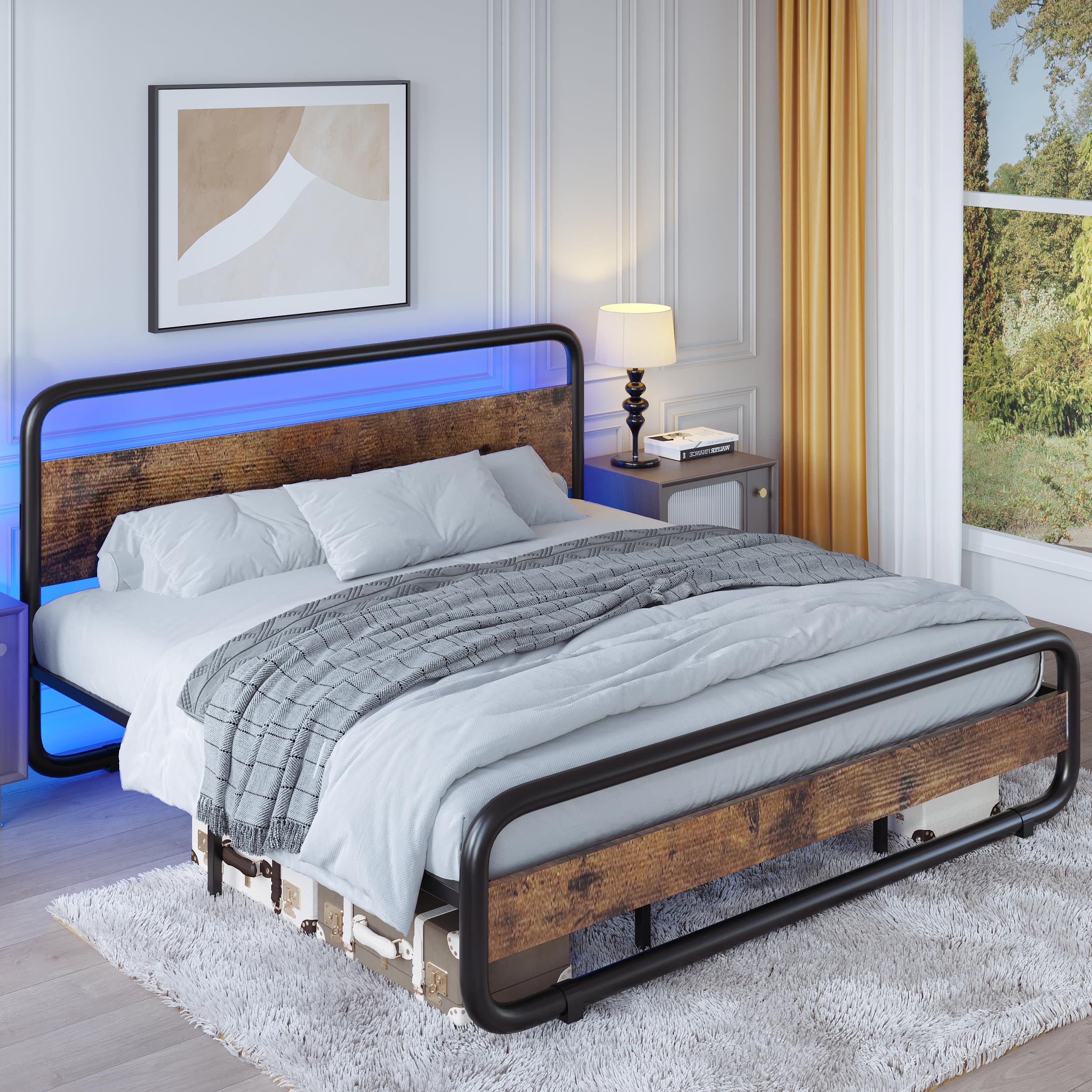 Fastroby King Size Bed Frames with Headboard LED Light, Platform Bed Frame King with 10" Under Bed Storage, Heavy Duty Bed Frame No Box Spring Needed, Easy Assembly, Rustic Brown and Black
