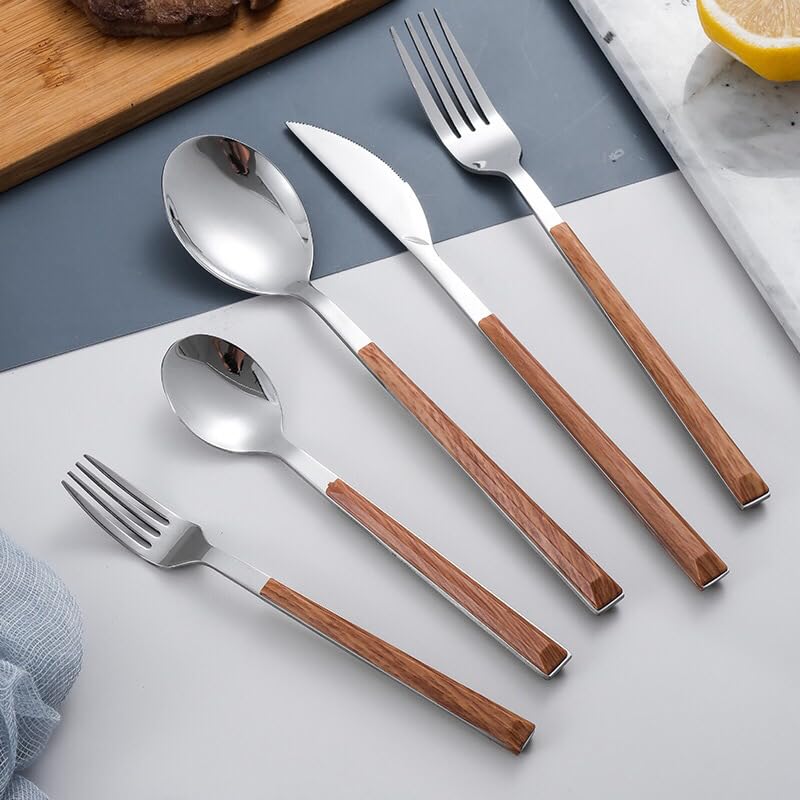 Aimilan 30 Piece Silverware Set for 6, Imitation Wooden Handle Flatware Cutlery Set for Home Kitchen Restaurant, Mirror Finish, Dishwasher Safe (30-Piece for 6)