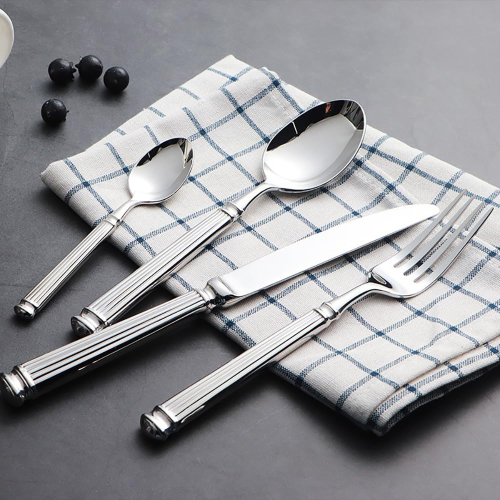 Taiyoko Silverware Set Flatware Stainless Steel Cutlery Striped Mirror Polished Kitchen Utensils Tableware Service with Steak Knives Dinner Fork Knife Spoon